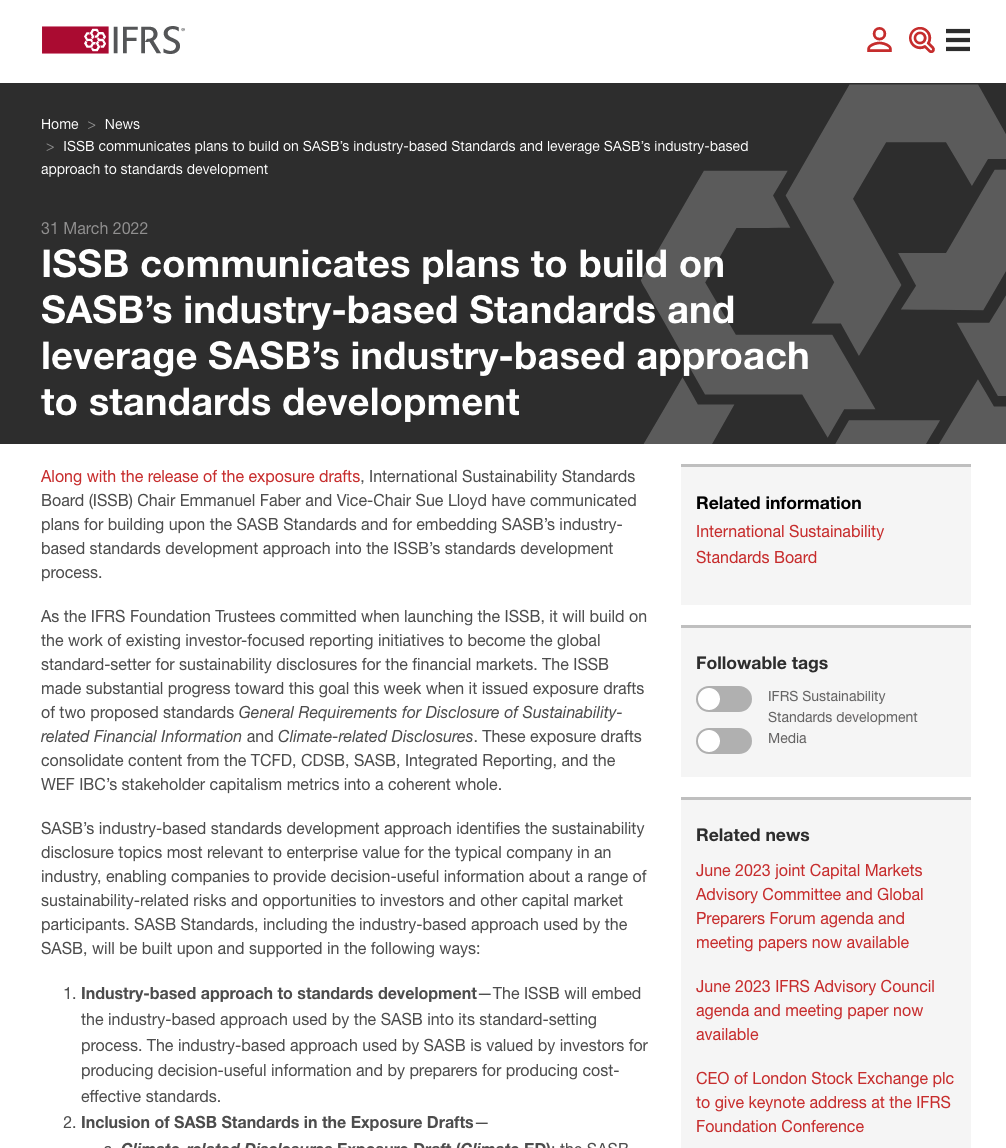 ISSB SASB’s industry-based Standards - Project proposal | IFC Beyond the Balance Sheet
